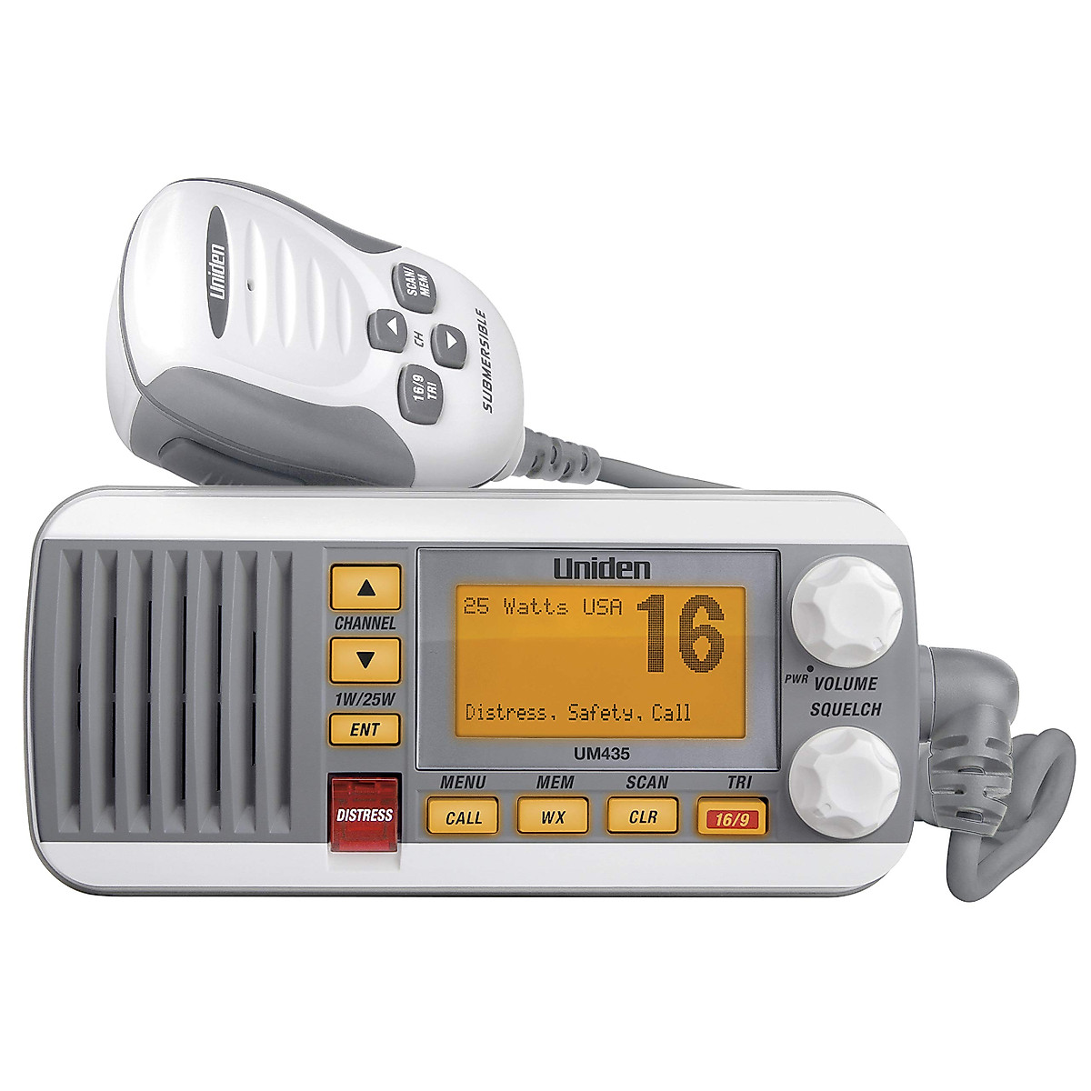 Uniden UM435 Advanced Fixed Mount VHF Marine Radio, All USA/International/Canadian Marine Channels Including New 4-Digit, CDN “B” Channels, 1 Watt/25 Watt Power, Waterproof IPX8 Submersible, White