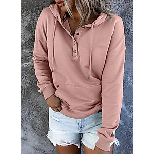 Dokotoo Womens Ladies Winter Sweatshirt for Women Comfy Simple Plain Drawstring Hoodies Front Button Collar Fleece Long Sleeve with Pockets Hooded Pullovers Casual Loose Fit Fall Tops Shirts Large