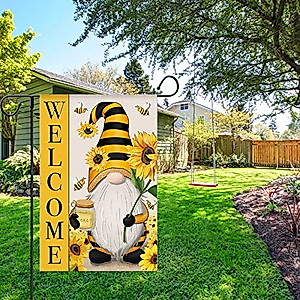 WODISON Welcome Spring Summer Garden Flag Sunflower Gnome Floral Bee Flag, 12 x 18 Inch Vertical Double Sided Burlap Banner for Outdoor Seasonal Decoration (ONLY FLAG)