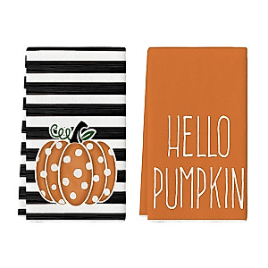 Artoid Mode Orange Polka Dot Stripes Hello Pumpkin Fall Kitchen Towels Dish Towels, 18x26 Inch Farmhouse Decoration Hand Towels Set of 2