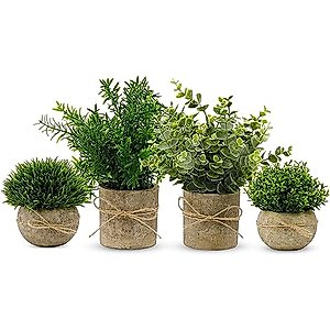 PENGYEE 4Pcs Small Fake Plants for Shelf Decor - Faux Plants Indoor Desk Decorations - Fake Eucalyptus Decor Mini Rosemary Plants for Home Kitchen Office Room Greenery Decor