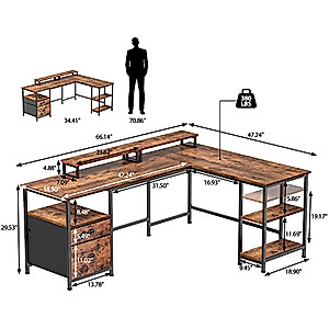 Furologee 66" L Shaped Computer Desk and 5-Tier Bookshelf, Corner Gaming Desk with File Drawer, Tall Bookcase with 2 Storage Drawers for Living Room, Home Office, Bedroom, Rustic Brown