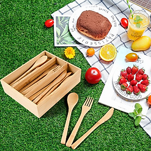 Bamboo Cutlery Reusable with Silverware Organizer, 16Pcs Bamboo Flatware Set with Bamboo Forks Spoons Knives, Reusable Bamboo Cutlery with Portable Storage Case for Home and Travel Camping Hiking