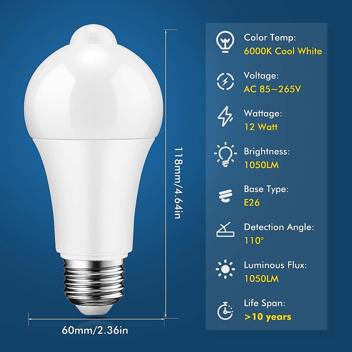 ONEVER Motion Sensor Light Bulbs - 12W (100W Equivalent) PIR Motion Activated Dusk to Dawn Light Bulb Auto on/Off E26 6000K Cool White Indoor Outdoor Security Bulb for Front Door Garage Hallway 2 Pack