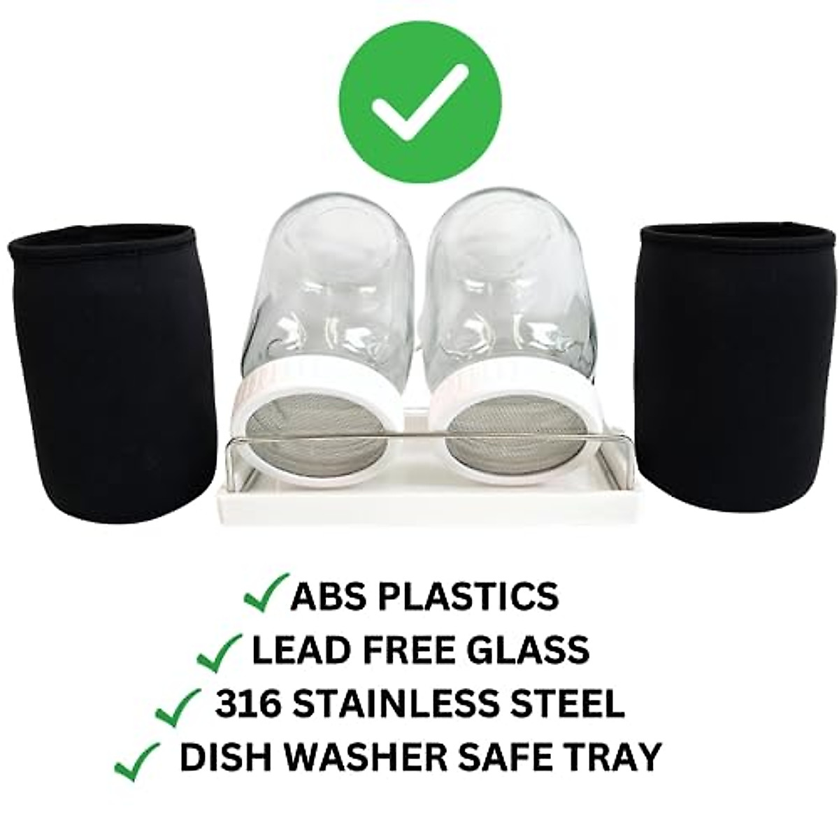 ON THE GROW - Complete Sprouting Kit - 2 Large 32oz Wide-Mouth Mason Jars, Premium Screen lids, Blackout Sleeves, Tray and Sprouter Stand - for Growing Broccoli, Mung Bean, Alfalfa Sprout from Seed