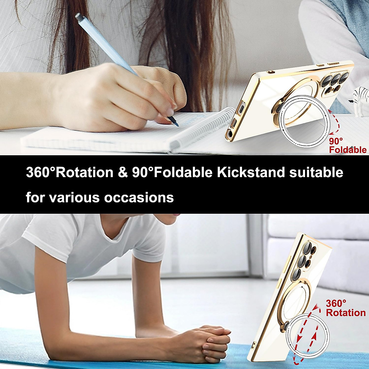 Dinick for Samsung Galaxy S22 Ultra Case with Magnetic Ring Holder [Compatible with Magsafe] [Built-in Camera Lens Protector] Glitter Electroplated Gold Sides Case for Galaxy S22 Ultra White