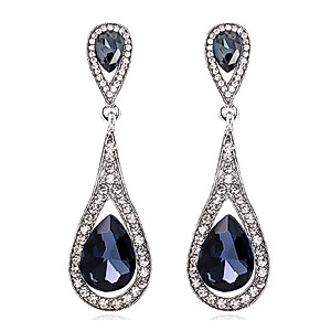Extra Large Long Antique Vintage Retro Deco Gatsby Flapper Style Dark Navy Midnight Sapphire Blue Rhinestone Dangle Earrings