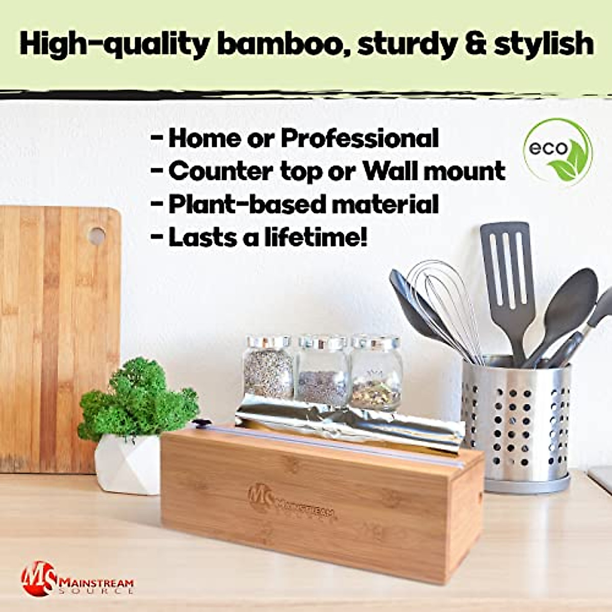 Mainstream Source® Large Bamboo Wrap Dispenser for 1000ft 12in Rolls – Extra Thick Foil and Plastic Wrap Organizer with Cutter & Labels, Works as Foil, Plastic Wrap, Parchment, or Wax Paper Holder