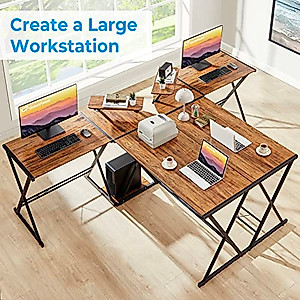 GreenForest L Shaped Desk 58” Reversible Corner Computer Desk with Movable Shelf and CPU Stand, Gaming Desk with Sturdy X Leg Space Saving Home Office Workstation Table, Walnut
