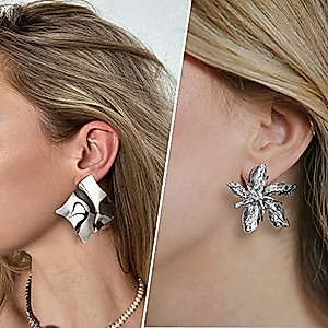 FIBO STEEL 9 Pairs 18k Gold Plated Geometric Earrings Exaggerated Statement Earrings Stylish Sectored Twisted Ginkgo Leaf Earrings for Women Silver Tone