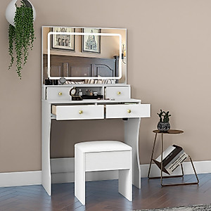 Vanity Desk Set with Adjustable LED Lighted Mirror, Girls Makeup Dressing Table with Stool and 4 Drawers Storage Makeup Table with Power Outlet for Bedroom (White)