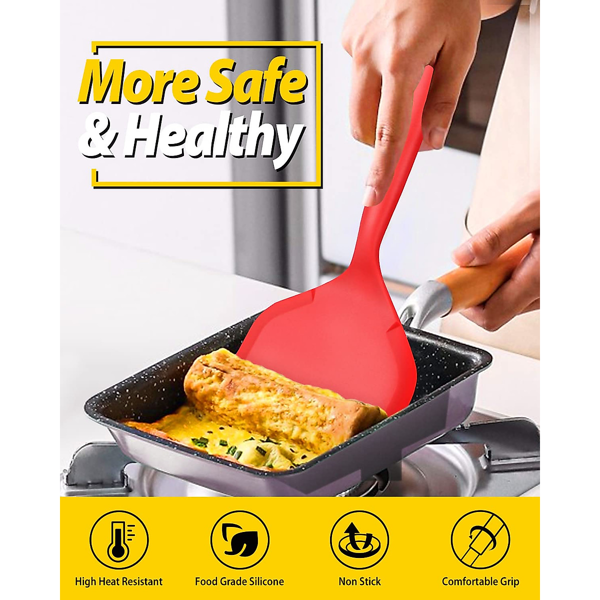 Pack of 2 Wide Silicone Spatula,Nonstick Pancake Shovel with Short Handle, Fried Flexible Turner, BPA Free Kitchen Cookwares for Egg, Cookie, Omelette, Fish, Burgers