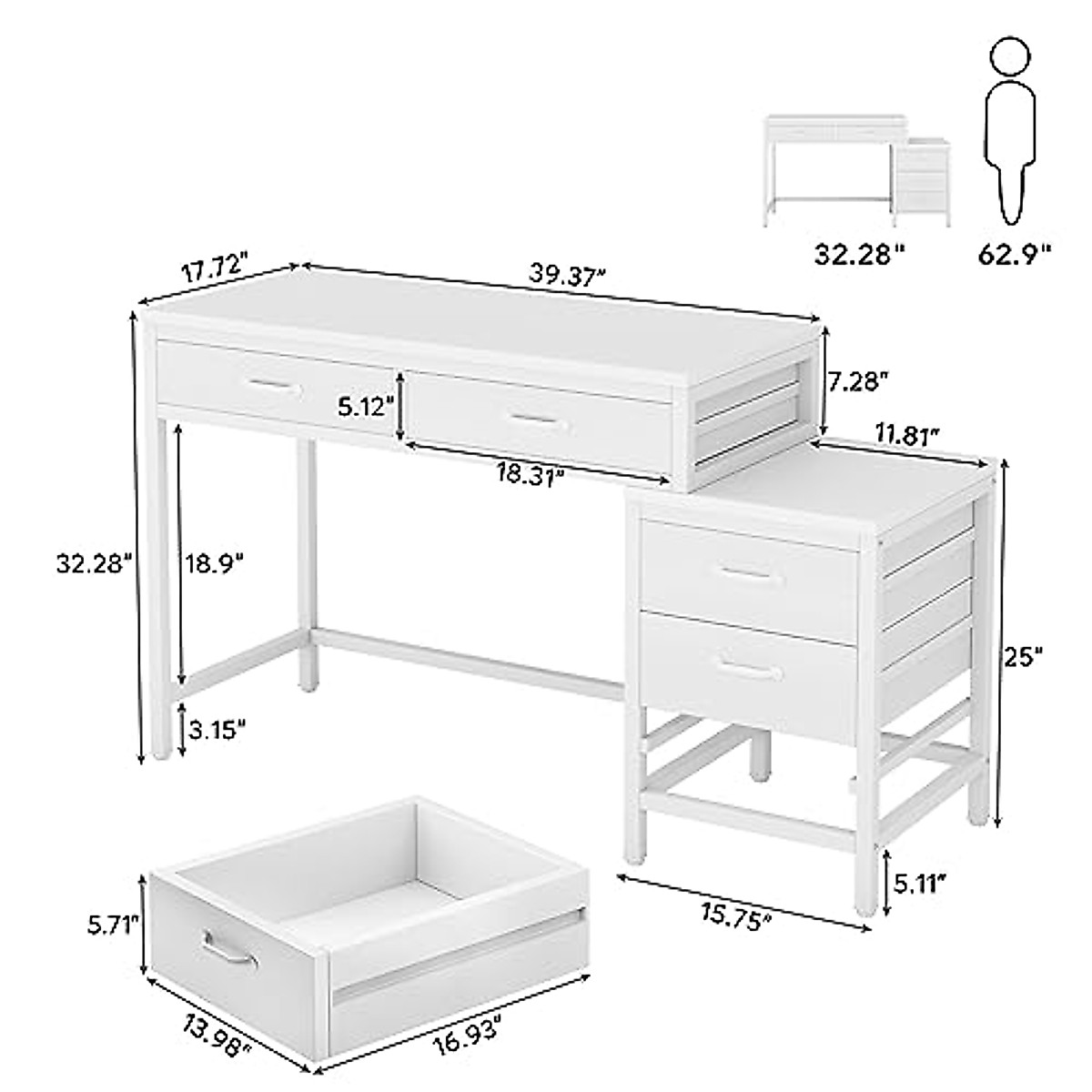 Tribesigns Computer Desk with 5 Drawers, Home Office Desks with Reversible Drawer Cabinet Printer Stand, Industrial PC Desk with Storage, White Study Writing Table Workstation for Small Spaces