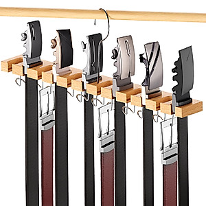 Cuipingoo Belt Hanger for Closet | 2-in-1 Wall Mount Belt Rack | 23 Slots Storage Max 42 Belts w/ 360° Hook | Ratchet Belt Organizer for Closet Accessories, Wardrobe, Door, Wood 1 Pack