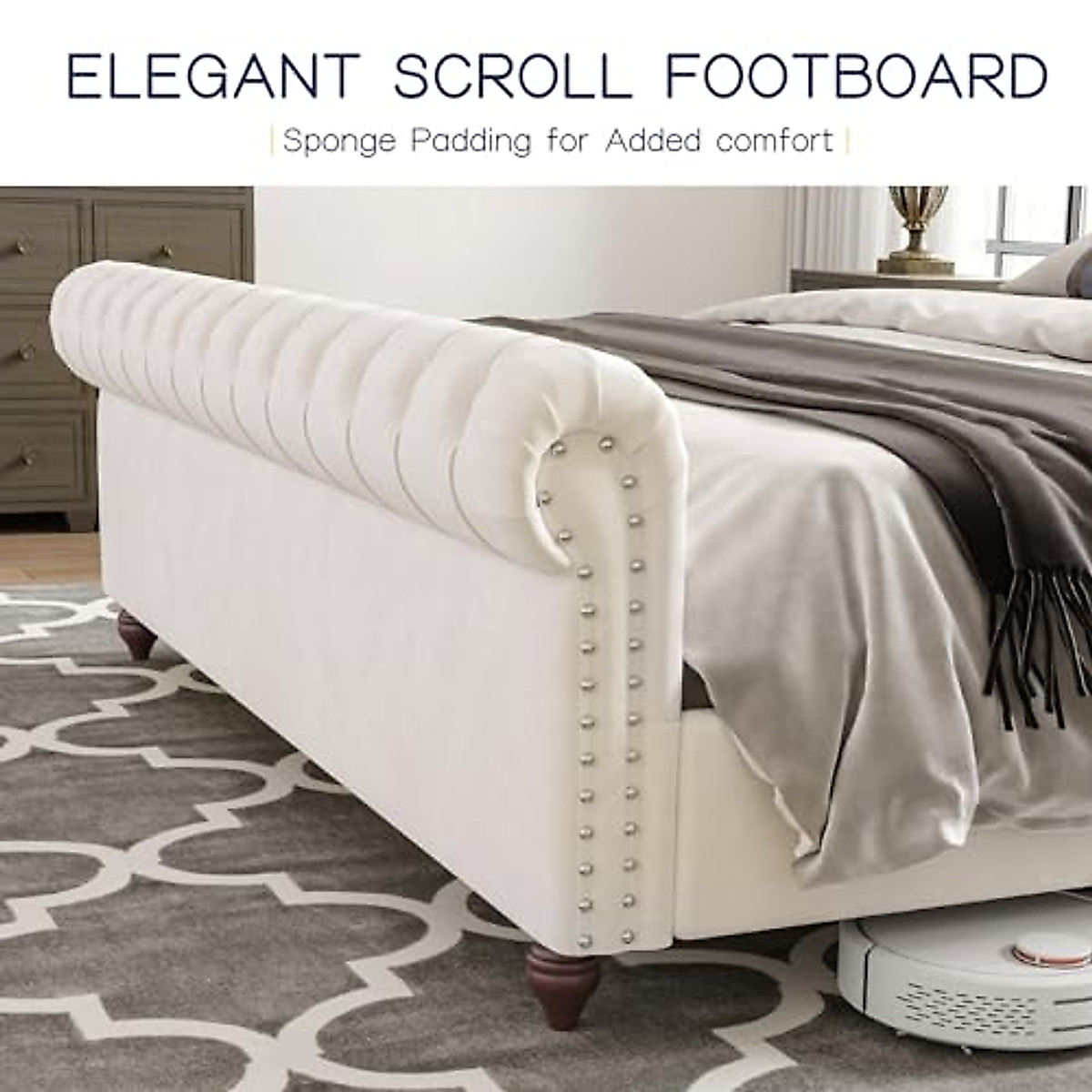 Jocisland Queen Size Bed Frame, Velvet Upholstered Platform Sleigh Bed with Scroll Headboard & Footboard, Button Tufted, No Box Spring Needed, Beige