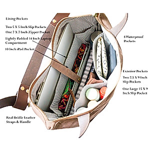 Small Convertible Totepack /Minimalist Slim Everyday Travel Daypack Women/ 14 Inch Laptop Backpack/ 8 Pocket College Bookbag/ Waterproof Lining/ Waxed Canvas & Leather/ Urbanist (Cinnamon Brown)