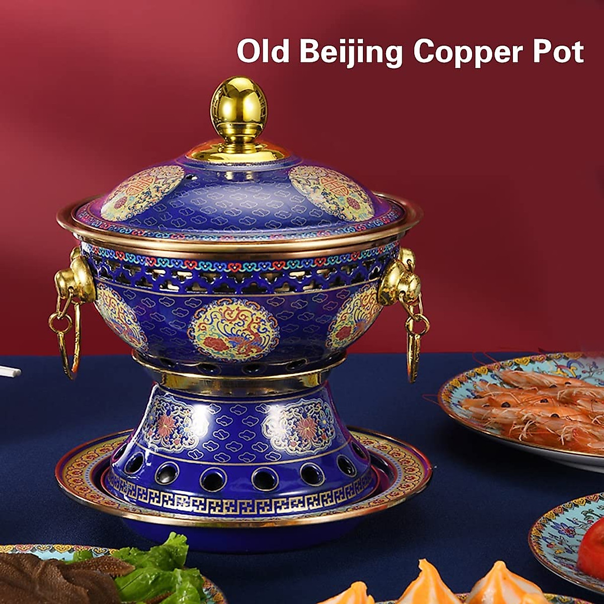 Chafing Dishes Single Person Small Hot Pot Cloisonne Copper Hot Pot, Commercial Household Cooking Pot, Anti Scalding Handle (Color : blue, Size : 20.5 * 25cm)
