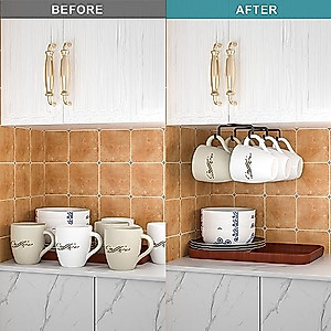 ECROCY Mug Holder Under Cabinet, 2pcs Mug Organizer for Kitchen Cabinet with Extra Large Hook Distance, Fit for 1 Inch Thickness Flat Buttom Cabinet Without Any Lip