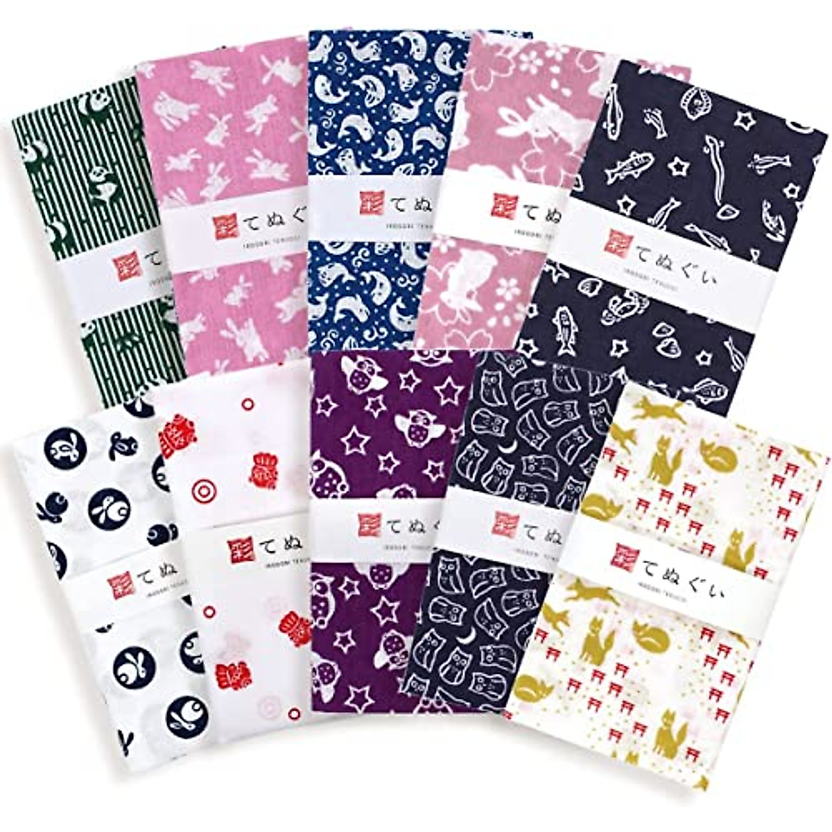 KOMESICHI irodori Japanese Traditional Towel Tenugui Animal Pattern B Set of 10 with Fray Prevention Processing with Tenugui Iroha (English Manual)