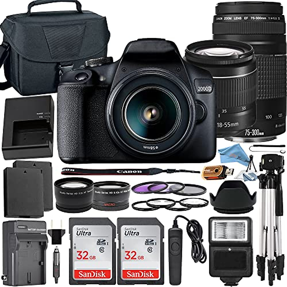 Canon EOS 2000D / Rebel T7 Digital SLR Camera 24.1MP with 18-55mm + 75-300mm Lens, ZeeTech Accessory Bundle, 2 Pack SanDisk 32GB Memory Card, Telephoto + Wideangle Lenses, Flash, Case (Renewed)