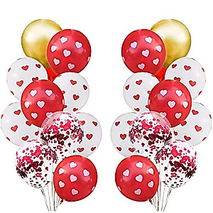 Valentines Day Decorations Party Balloons Kit, 12 Inch Heart Printed Red White Gold Confetti Balloons for Valentine's Day Anniversary Mothers Day Wedding Engagement Party SuppliesDecorations