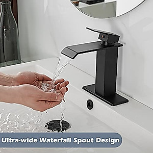BWE Black Bathroom Faucet Modern Waterfall Matte Black Bathroom Sink Faucet Single Hole with Pop Up Drain Parts Spout Bath Lavatory Vanity Stopper Overflow and Supply Hose Single Handle