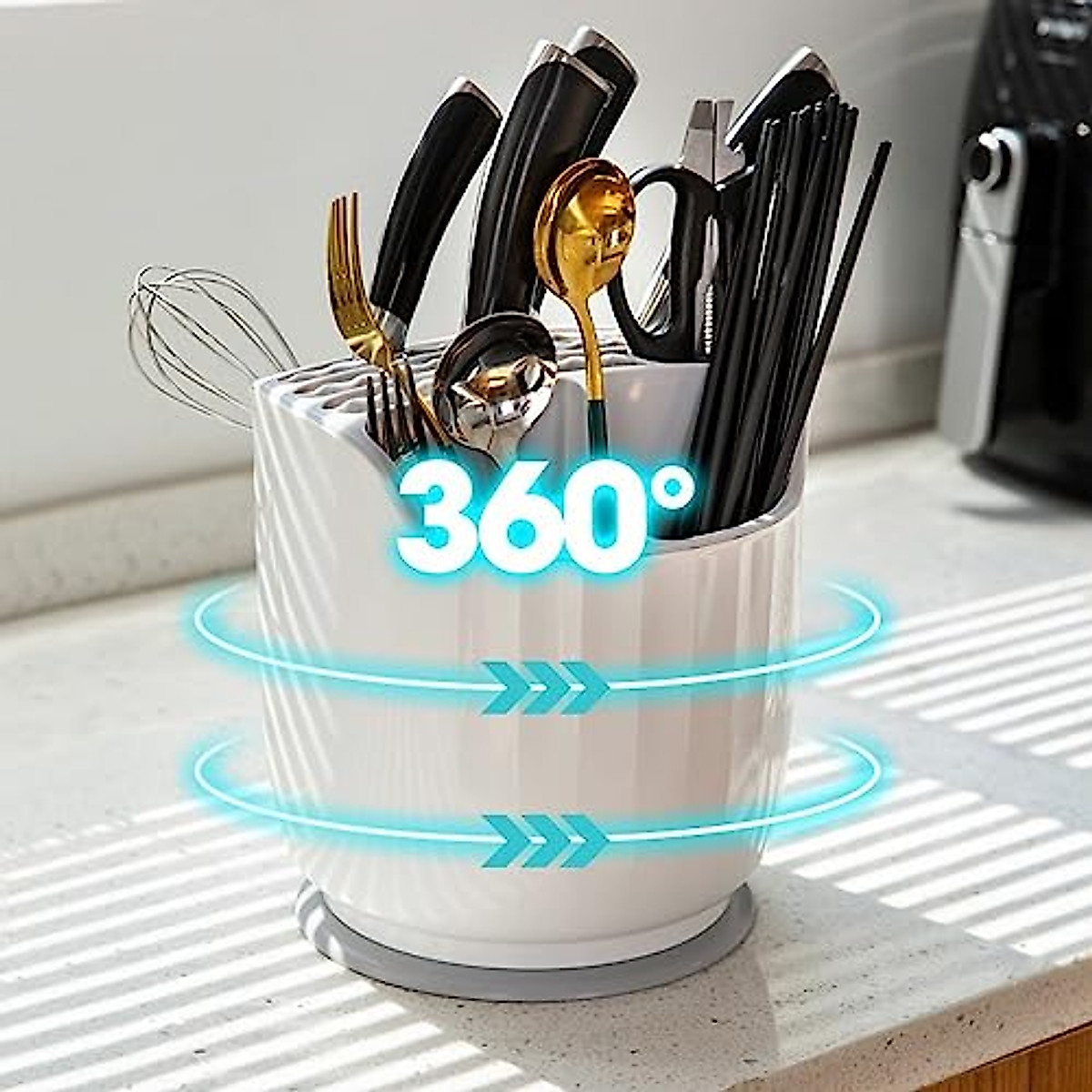 Komost Rotating Utensil Holder for Countertop, Utensil Organizer Caddy Crock for Kitchen Counter, Knife Holder Storage Rack