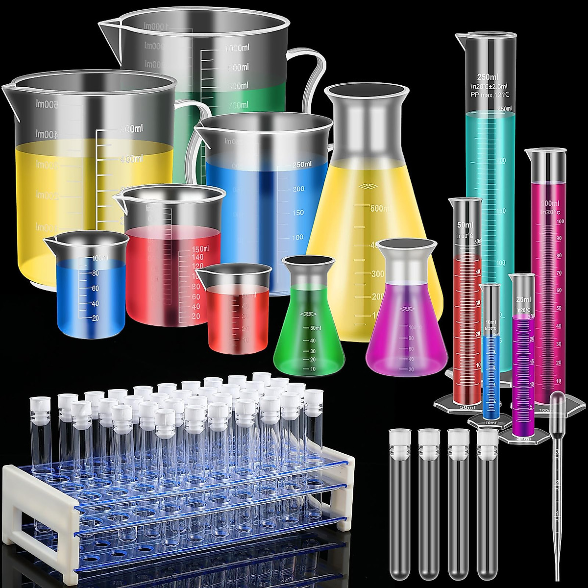 Baderke 40 Pcs Plastic Test Tubes with Rack 5 Pcs Graduated Cylinder 6 Pcs Plastic Beakers 3 Pcs Plastic Erlenmeyer Flask 10 Pcs Plastic Transfer Pipette for School Lab Party DIY