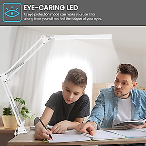 TROPICALTREE LED Desk Lamp, Swing Arm Desk Light with Clamp, 3 Lighting 10 Brightness Eye-Caring Modes, Reading Desk Lamps for Home Office 360°Spin with USB Adapter & Memory Function white-14W
