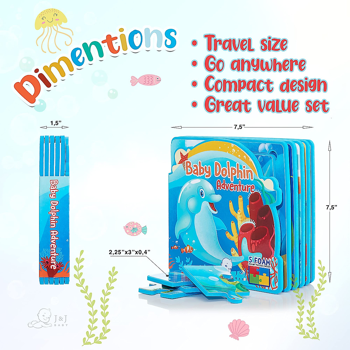 J&J Baby Toddler Puzzles - 5x4-Pieces Dolphin Adventure Soft Jigsaw Puzzles for Toddlers - Set of 5 Educational Learning Puzzles Book for Kids 2-3 Years Old