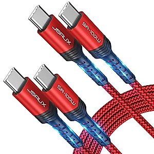 JSAUX USB C to USB C Cable 100W/5A [2-Pack 6.6ft+6.6ft], QC 4.0/USB PD Type-C Fast Charging Cord Compatible with MacBook Pro/Air M2, iPad Pro 12.9/iPad Air/Mini 6 Samsung Galaxy S23 S22 S21 Pixel Red