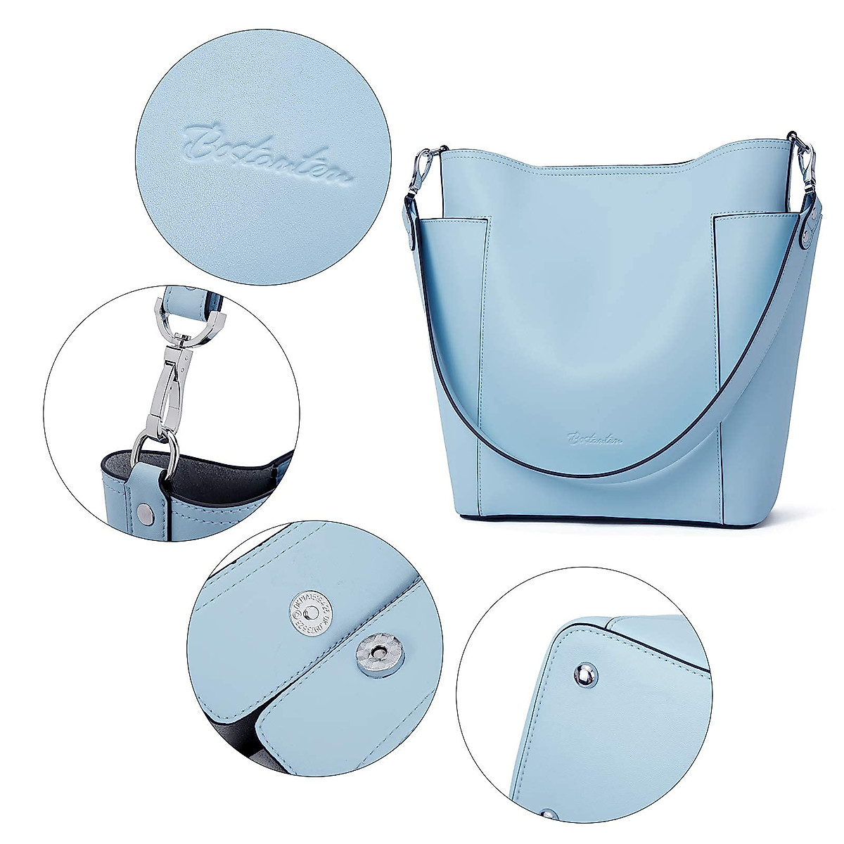 BOSTANTEN Genuine Leather Bucket Handbag Designer Hobo Shoulder Bags Tote Purses and Handbags Set with Clutch Purses and Womens Wallet Genuine Leather Large Capacity Wristlet Clutch Purse Credit Card