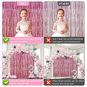 Accevo Pink Party Streamers 3Pack Glitter Foil Fringe Curtain 3.2ft x 8.2ft Pink Party Decor Photo Booth Streamers Metallic Tinsel Door Streamer for Valentines Day Decorations Christening Party Decor