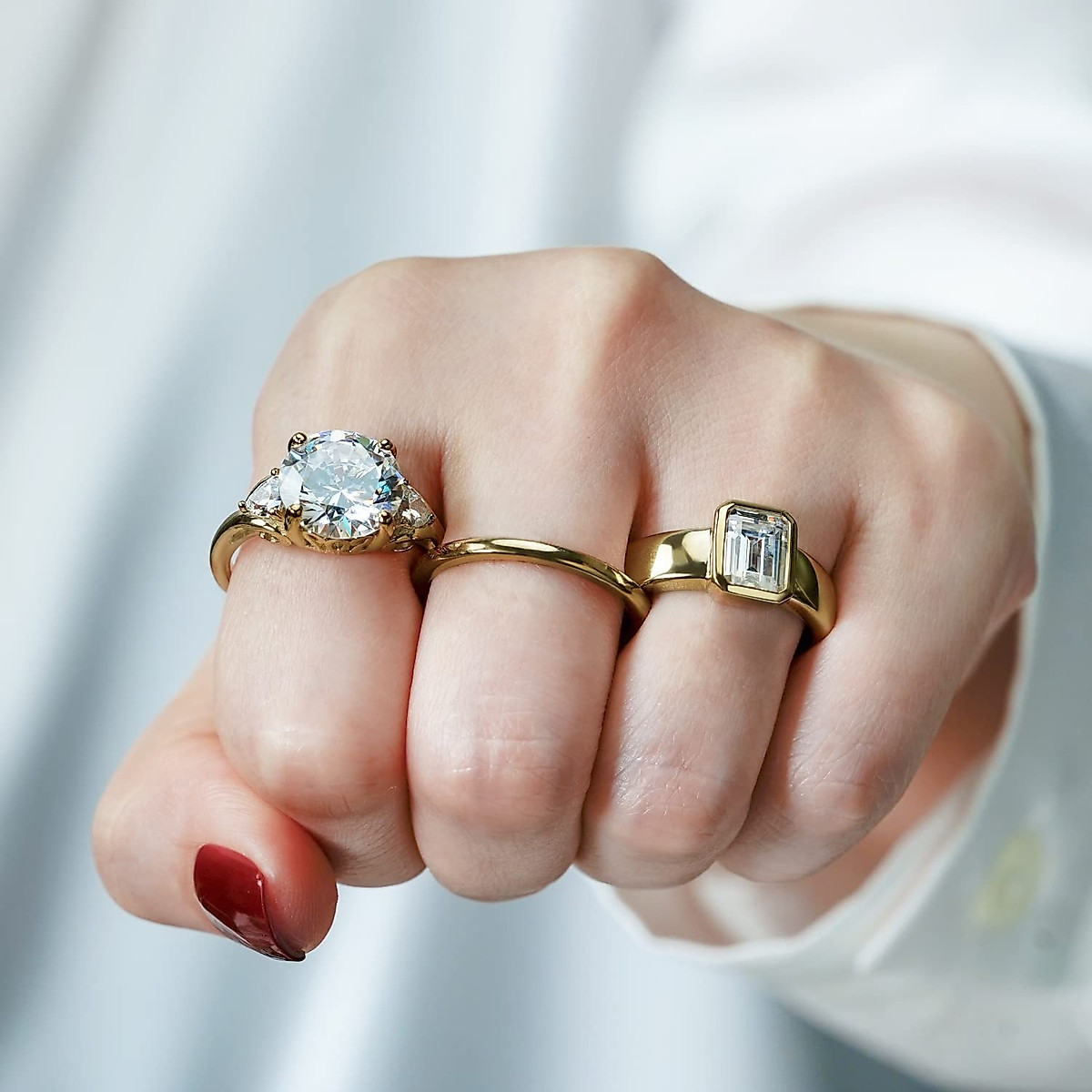 DIAMONBLISS Yellow Gold clad Sterling Silver Clear Emerald Cubic Zirconia Bezel Engagement Ring, Size 8