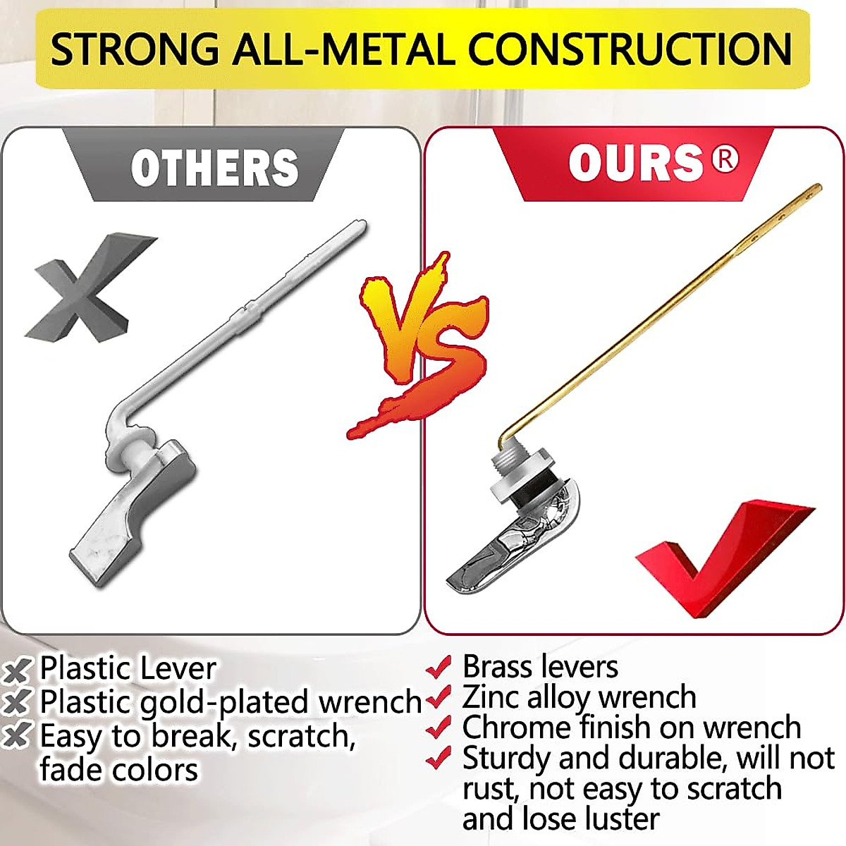 Takngjd Toilet Handle Replacement Kit, Front Mount Toilet Flush Handle, All-Metal Construction-Solid Brass Trip Levers, Zinc Alloy Toilet Handle with Chrome Finish(1 Pack)