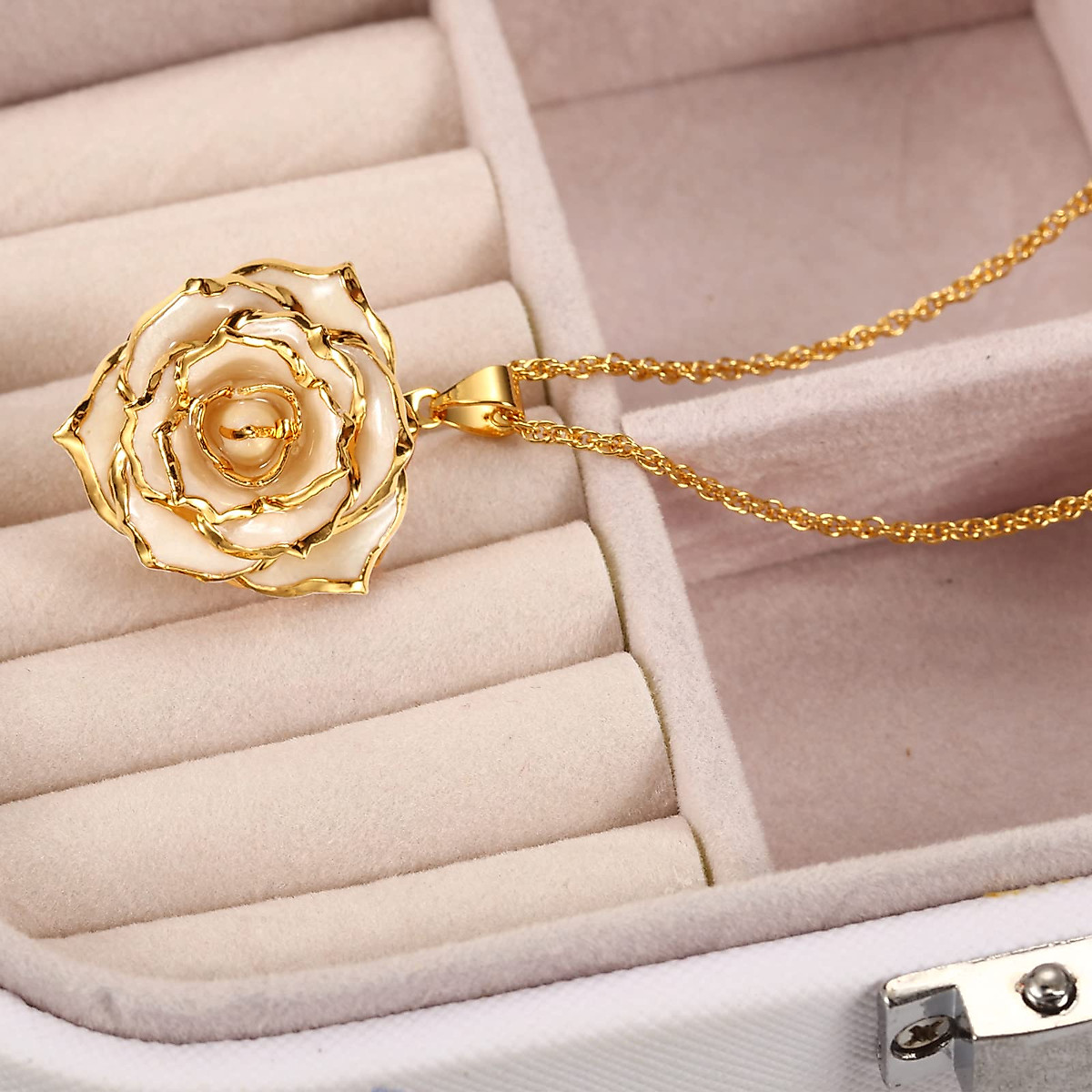 AliveRose Gold Dipped Necklace Gifts for Women, 24K Gold Real Rose Pendant Necklace Mothers Day Anniversaries Birthday Christmas Gifts for Her (Ivory)