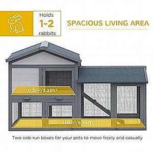 PawHut Rabbit Hutch, Wooden Bunny Hutch, Guinea Pig Cage, Small Animal Enclosure with Run Area, Removable Tray, Asphalt Roof, Lockable Doors and Ramp, Gray