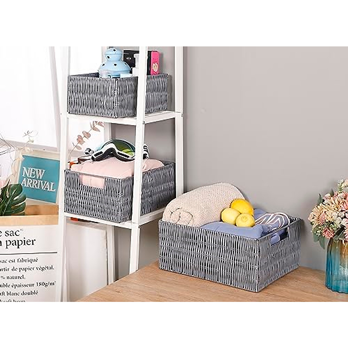 Elevon Handmade Wicker Storage Baskets Organizer Bins, Set of 3, Gray