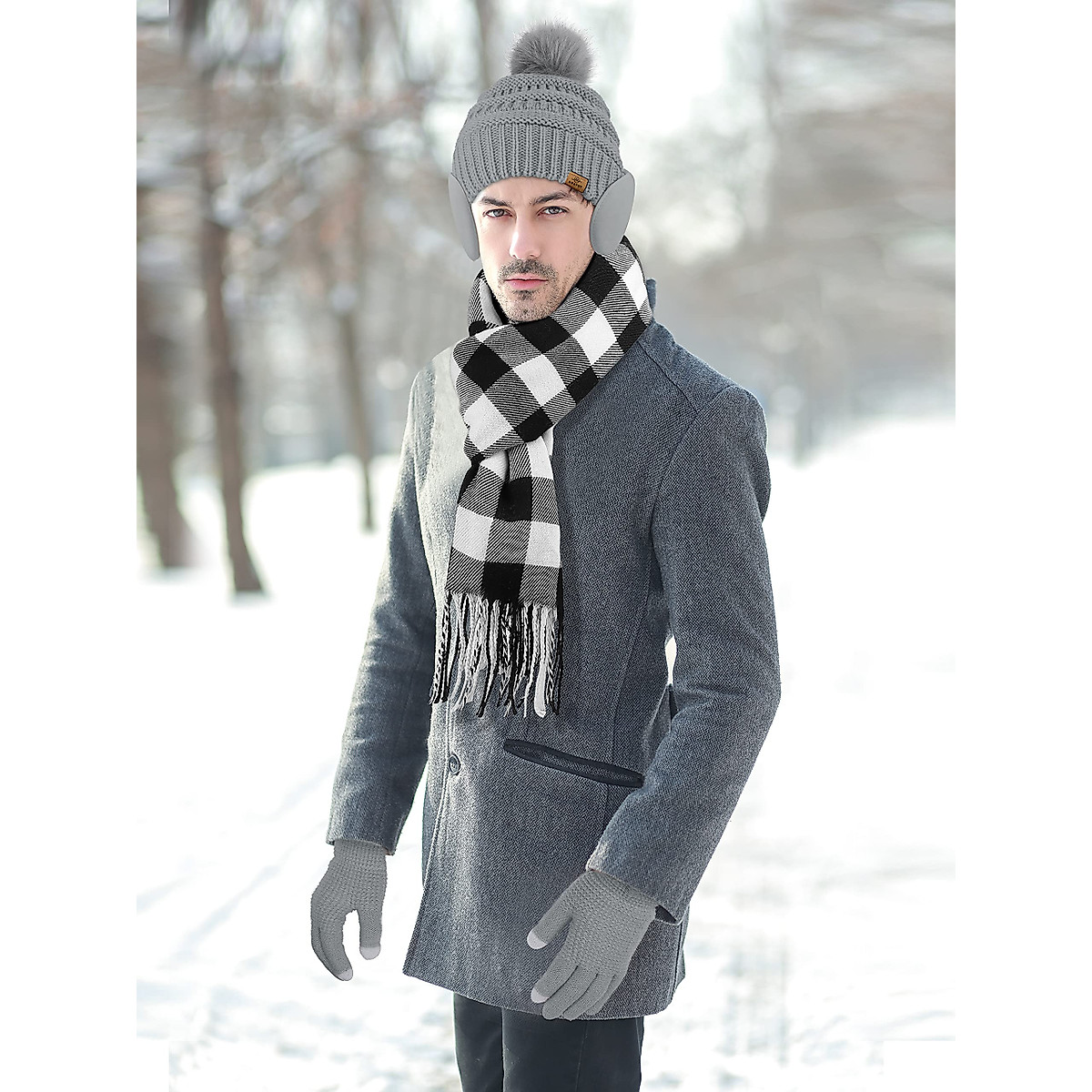 URATOT Beanie Hat Scarf Gloves 4 in 1 Winter Set Knitted Scarf Hat Touch Screen Gloves and Winter Ear Warmer for Unisex