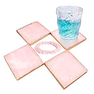 Rose Quartz Decor Coaster, Natural Pink Crystal Coasters Gold Edge Set of 4 (Square 3.5''-4)