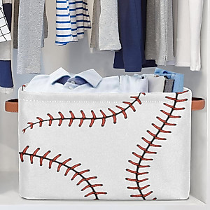 Baseball Storage Bin Basket, White Softball Large Toys Storage Cube Box with Handles, Collapsible Laundry Basket Rectangular Waterproof Storage Organizer Bin for Nursery Bedroom Shelves Gift Basket