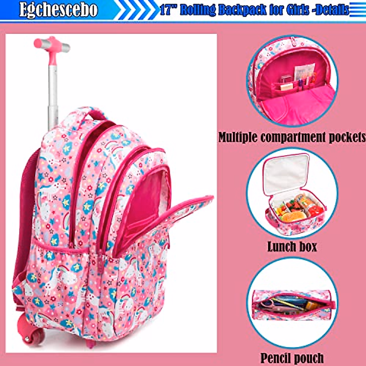 Egchescebo Girls Rolling Backpacks with Wheels 3PCS Unicorn Backpack Set for School Wheeled Luggage Suitcase Lunch Box Pencil Case Large Capacity Bookbag Adjustable Trolley for Elementary Travel Red