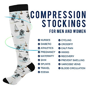 Kigai 1 Pair Palm Tree Sailboats Compression Socks 20-30mmHg Knee High Women Socks Tube Athletic Stockings for Men Sport Soccer Running Cycling Medical Nurse Winter Travel