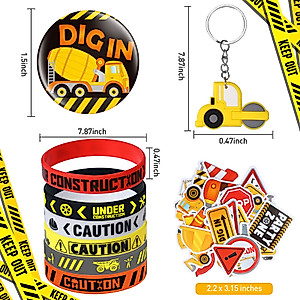 Construction Party Favors Construction Theme Birthday Party Supplies Mini Construction Vehicles Toy Rubber Bracelet Keychain Stamper Button Pin Truck Stickers Bags for Birthday Party Gift (12 Sets)
