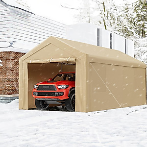 Betterland Carport, 10'x 20' Heavy Duty Carport Canopy，Outdoor Portable Garage with 2 Roll-up Doors & 4 Mesh Windows,All Weather Outside Car Shed for Car, Pickup,and Boat, Khaki