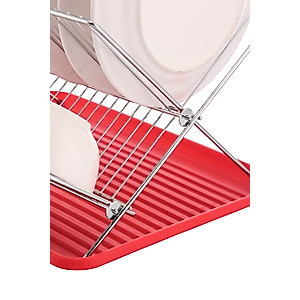 J&V TEXTILES Foldable Dish Drying Rack with Drainboard, Stainless Steel 2 Tier Dish Drainer Rack, Collapsible Dish Drainer, Folding Dish Rack for Kitchen Sink, Countertop, Cutlery, Plates (Red)