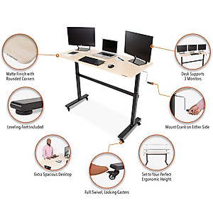 Stand Steady Tranzendesk | 55 Inch Standing Desk with Detachable Wheels | Crank Height Adjustable Sit to Stand Workstation | Modern Ergonomic Desk Supports 3 Monitors  (Maple)
