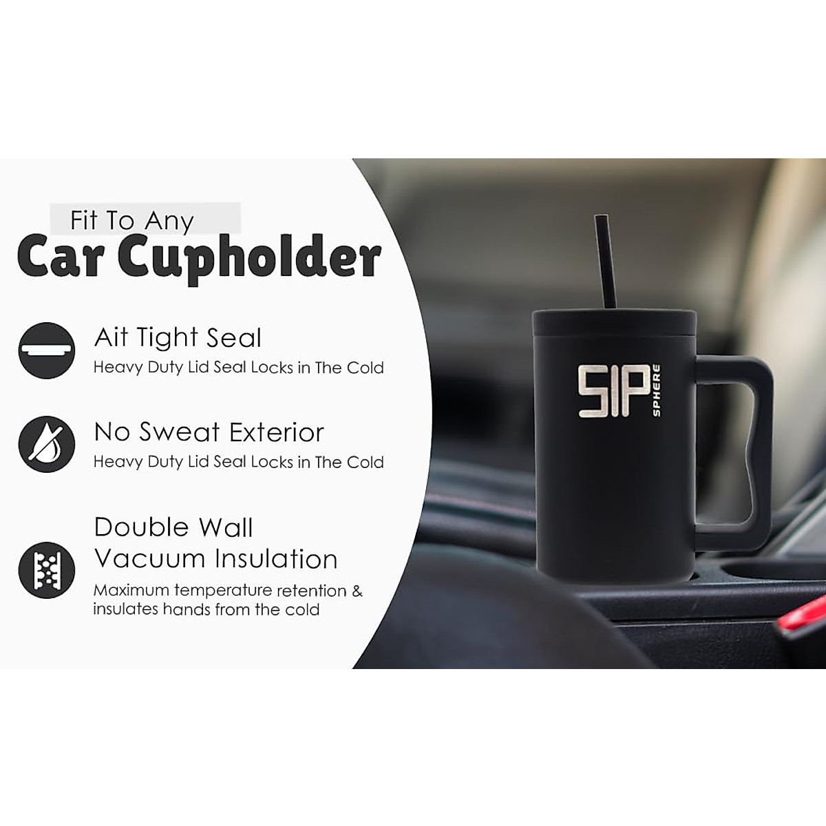 SIP SPHERE 40oz, Travel Mug, Insulated Thermal Mug, 2 Straw Tumbler, Reusable Coffee Mug, Drinking Glass, Tumbler Cup for Coffee, Tea, Whiskey, Juice (Midnight Black)