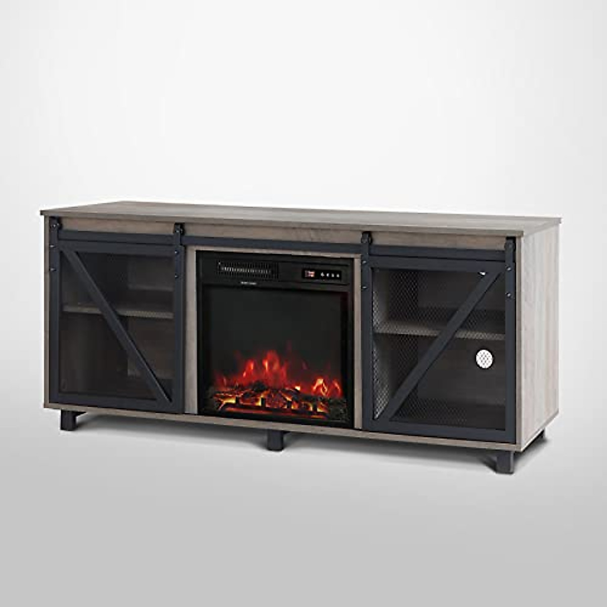 ENSTVER 58 Inch TV Stand Console W/Sliding Barn Door for TVs up to 65",with Fireplace and Remote Control,Grey(Log Set)
