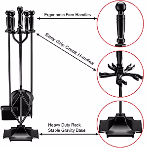 5 PCS Fireplace Tools Set Wrought Iron Fire Place Accessories Tools Holder with Handles Tools for Indoor Fireplace Decor Outdoor Fire Pit Modern Tool Poker Tongs Shovel Brush Wood Stove Hearth Black
